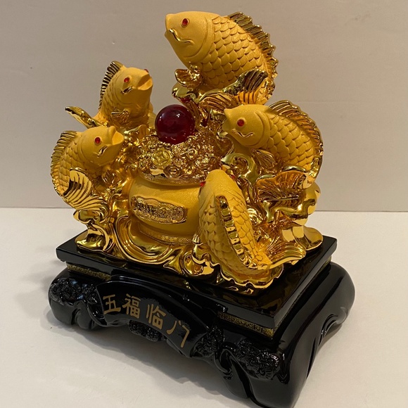 Accents | Feng Shui Fortune Gold Infinity 5 Fishes Wtreasure Pot On ...